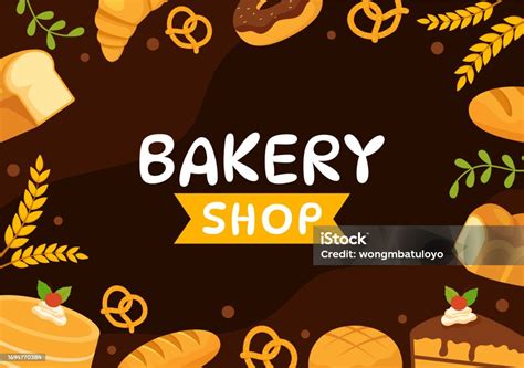 베이커리 상점 벡터 일러스트레이션은 다양한 종류의 빵 제품을 판매하고 평면 만화 배경 디자인 템플릿에 상점 인테리어를 제공합니다 가정 주방에 대한 스톡 벡터 아트 및 기타