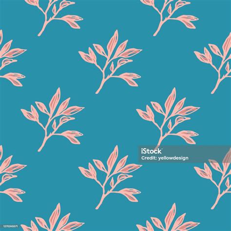 미니멀한 식물성 윤곽은 매끄러운 패턴으로 분기를 간략하게 설명합니다 밝은 파란색 배경에 핑크 윤곽 꽃 실루엣 0명에 대한 스톡 벡터 아트 및 기타 이미지 Istock