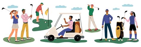골프 선수 사람들은 골프 클럽과 공을 가지고 놀고 있습니다 만화 골퍼 캐릭터 다른 게임 액세서리 스틱 가방과 자동차 스포츠 경쟁 운동 포즈 화려한 벡터 세트 골프에 대한