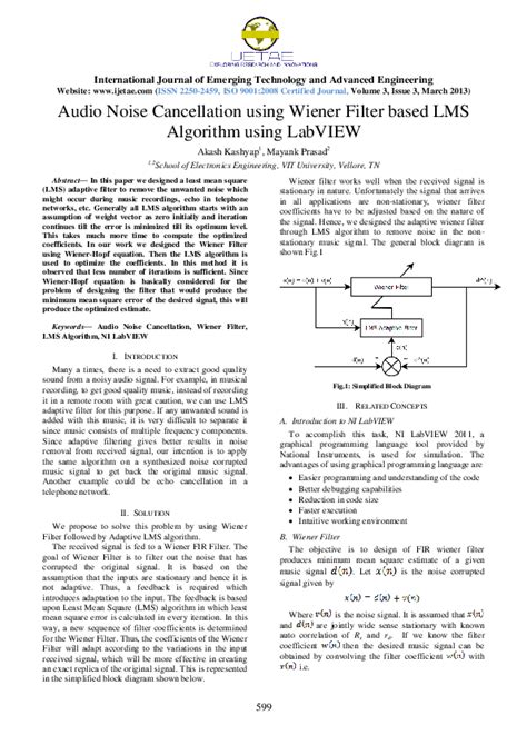 Pdf Audio Noise Cancellation Using Wiener Filter Based Lms Algorithm