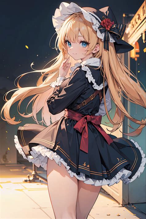 모자와 리본을 두른 짧은 드레스를 입은 애니메이션 소녀 Seaart Ai