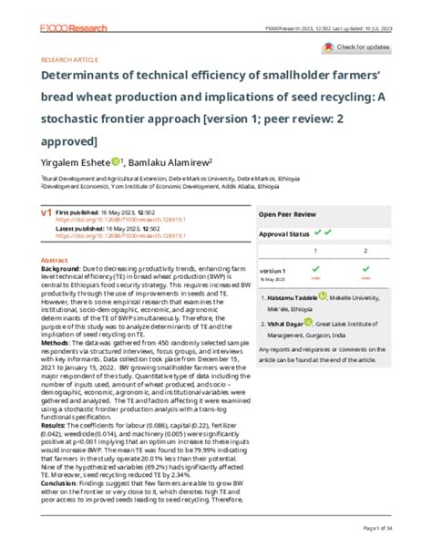 Pdf Determinants Of Technical Efficiency Of Smallholder Farmers Bread Wheat Production And