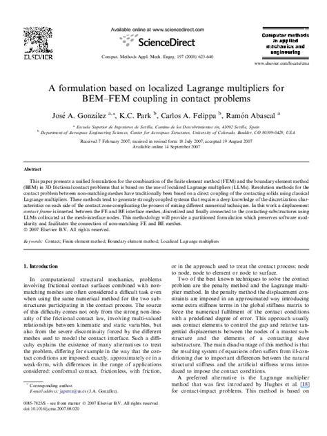 Pdf A Formulation Based On Localized Lagrange Multipliers For Bemfem Coupling In Contact Problems