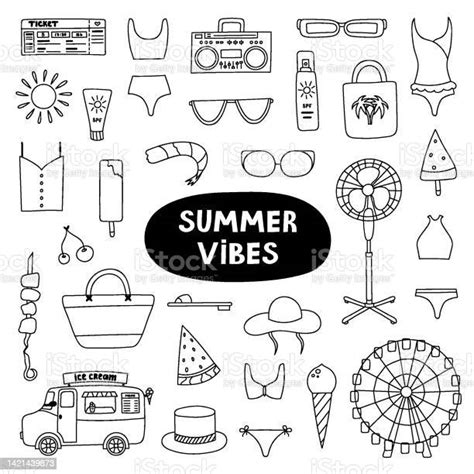 여름 휴가 열대 해변 더운 날씨 여름 휴식에 대한 큰 트렌디 한 세트 손으로 그린 벡터 휴가는 플랫 스타일로 설정됩니다 고립 된 낙서와 클립 아트 계절 음료 엔터테인먼트