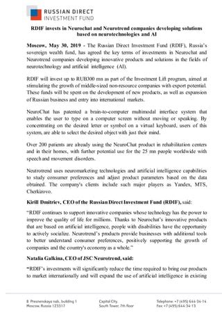 RDIF Invests In Neurochat And Neurotrend Companies Developing Solutions Based On
