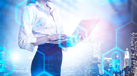 Woman With Laptop Cyber Security Interface Stock Image Image Of