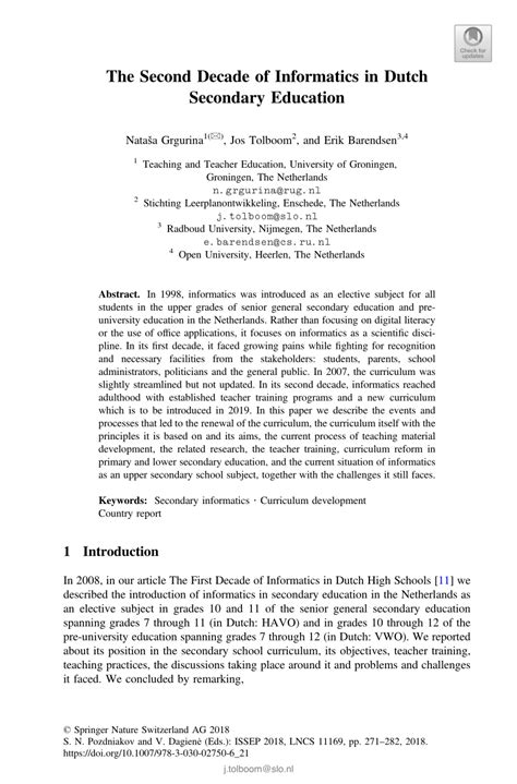 Pdf The Second Decade Of Informatics In Dutch Secondary Education 11th International