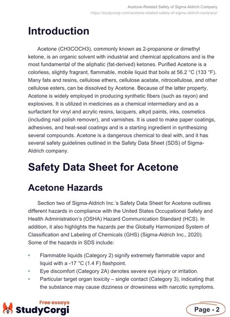 Acetone Related Safety Of Sigma Aldrich Company Free Essay Example