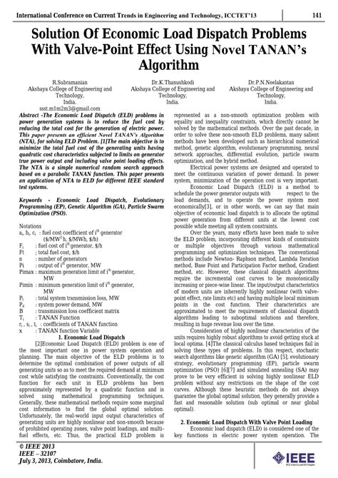 Pdf Solution Of Economic Load Dispatch Problems With Valve Point Effect Using Novel Tanans