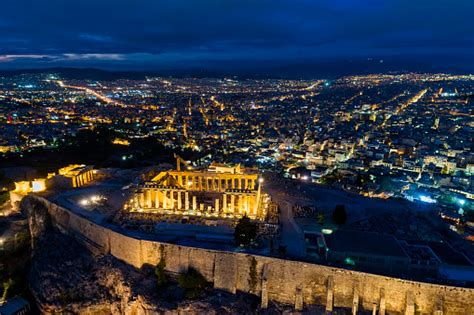 파르테논 신전 아테네 그리스의 아크로폴리스의 항공 보기 밤 하루 시간대에 대한 스톡 사진 및 기타 이미지 밤 하루 시간대 무인 항공기 아테나 그리스 여신 Istock