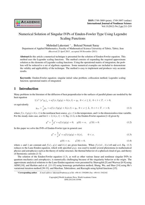Pdf Numerical Solution Of Singular Ivps Of Emden Fowler Type Using