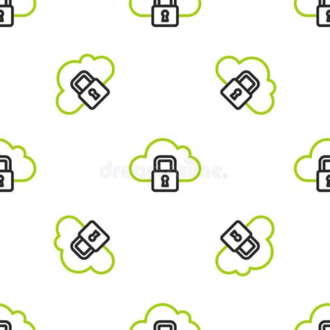 Line Cloud Computing Lock Icon Isolated Seamless Pattern On White