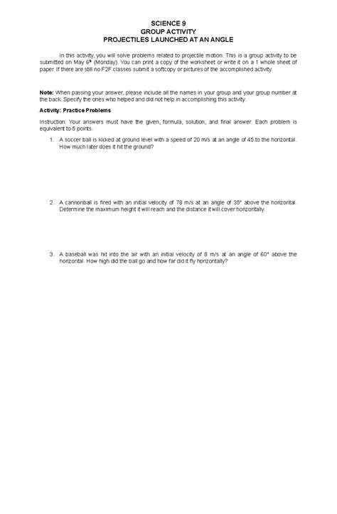 Projectiles Launched At An Angle Practice Problems Science 9 Group