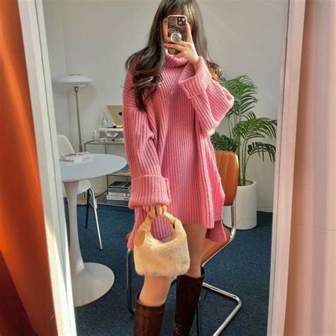여리핏 여친룩 핑크 롱폴라 니트원피스 에이블리