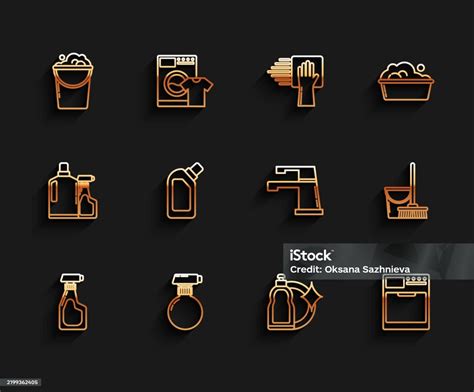 세제 액체가 담긴 스프레이 병 버킷 폼 및 거품 식기 세척용 플라스틱 병 세탁기 걸레 양동이 및 수도꼭지 아이콘을 설정합니다 벡터 가사 집안일에 대한 스톡 벡터 아트 및