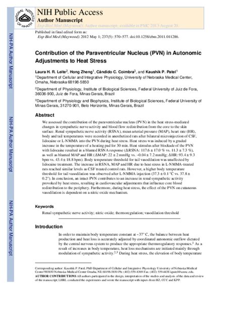 Pdf Contribution Of The Paraventricular Nucleus In Autonomic Adjustments To Heat Stress
