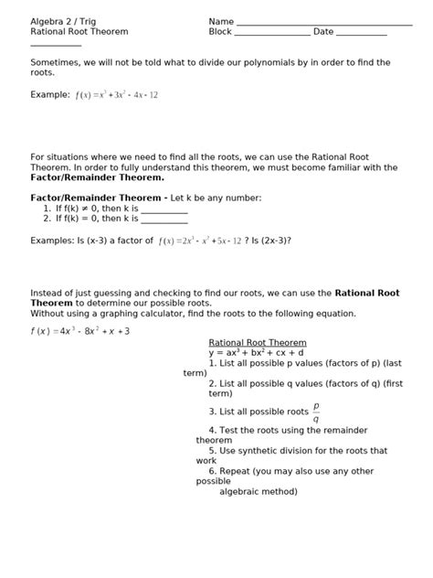 Day 5 Worksheet Rational Root Theorem Pdf