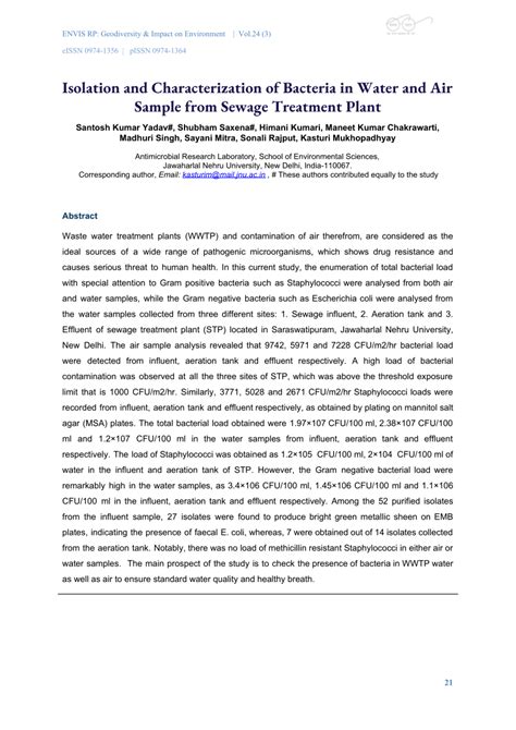 Pdf Isolation And Characterization Of Bacteria In Water And Air