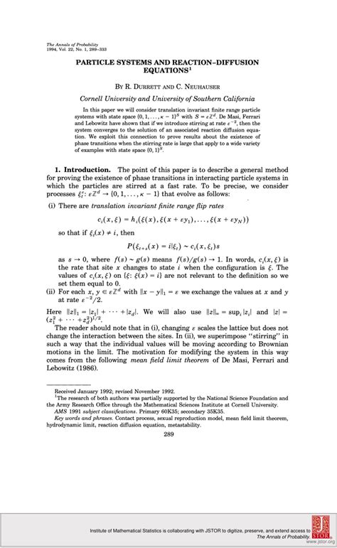 PDF Particle Systems And Reaction Diffusion Equations