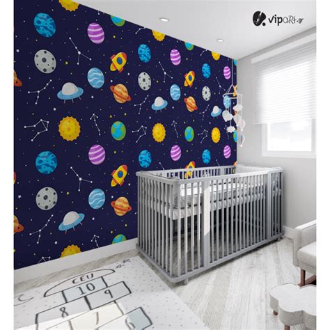 Αυτοκόλλητη Ταπετσαρία Τοίχου για Παιδικό Δωμάτιο με Διάστημα Πλανήτες Διαστημόπλοιο Ήλιος Αστέρια