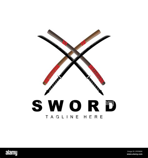 Sword Logo Samurai Katana Monochrome Design Vector War Weapon Cutting Tool Template Icon Stock