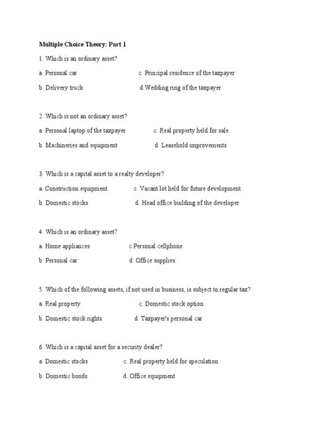 Multiple Choice Questions On Distinguishing Between Ordinary And Capital Assets For Tax Purposes