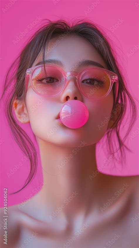 Portrait Of A Young Woman Blowing Pink Bubbles Gum Beautiful Woman With