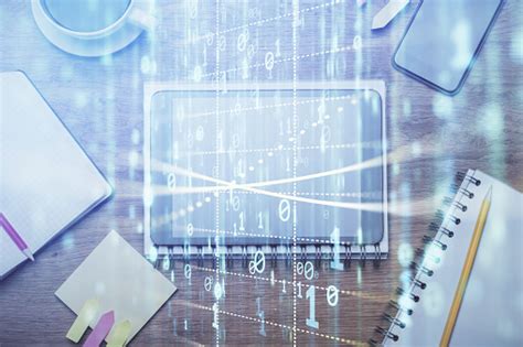 작업 테이블 데스크톱 위에 기술 테마 드로잉의 이중 노출 맨 위 보기입니다 글로벌 데이터 분석 개념 개념에 대한 스톡 사진 및 기타 이미지 Istock