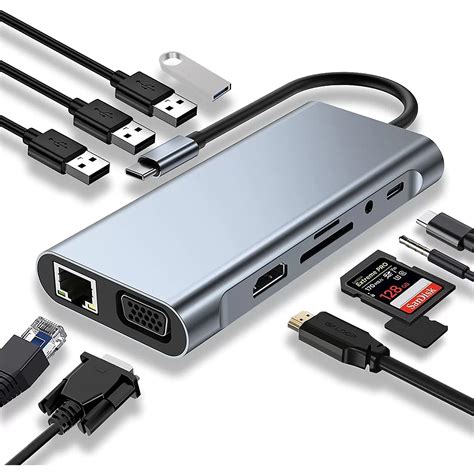 11 in 1 usb c hub adapter with hdmi vga 4 usb type c sd tf reader