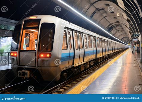 Public Metro Departs The Station With Travelers Onboard Commencing