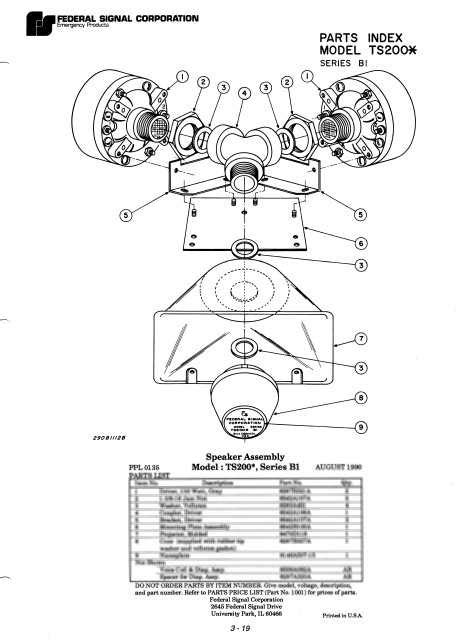 Federal Signal Speaker Model Ts 200 Series B1 Parts List