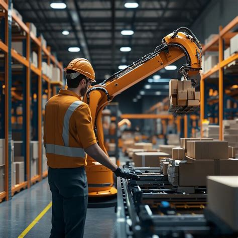 Warehouse Worker Operating Robotic Arm Premium Ai Generated Image
