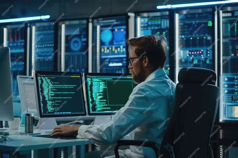 premium photo male it programmer working on computer in data center