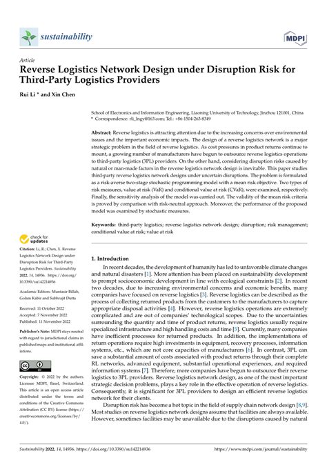 Pdf Reverse Logistics Network Design Under Disruption Risk For Third Party Logistics Providers