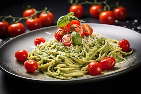 Premium Ai Image A Creamy Pesto Pasta Dish With Cherry Tomatoes And