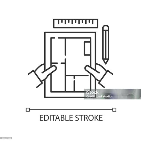 인테리어 디자이너 픽셀 완벽한 선형 아이콘 건물 디자인 아파트 건축 계획 얇은 선 사용자 정의 일러스트레이션 윤곽 기호입니다
