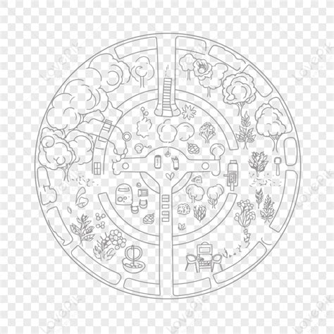 원 윤곽선 스케치 드로잉에 나무와 식물이 있는 둥근 색칠 페이지 벡터개요개요 예술 Png 일러스트 무료 다운로드 Lovepik