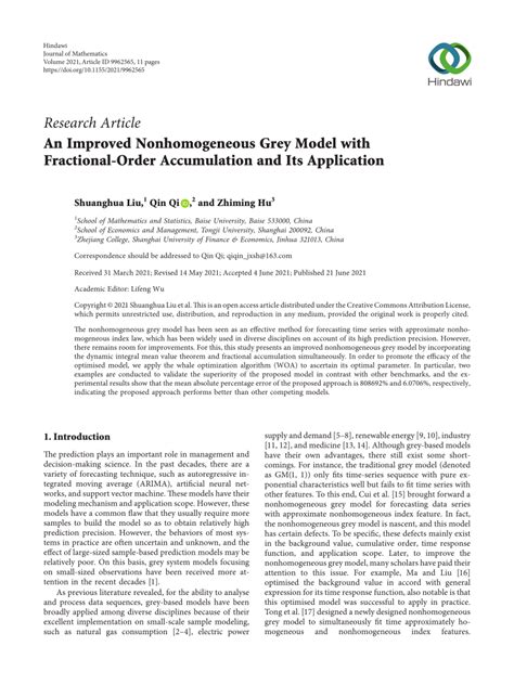 Pdf An Improved Nonhomogeneous Grey Model With Fractional Order Accumulation And Its Application