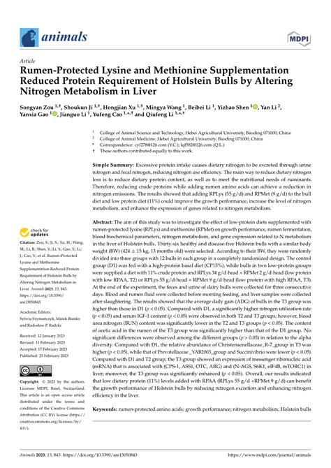 Pdf Rumen Protected Lysine And Methionine Supplementation Reduced