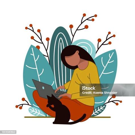 한 젊은 여성이 노트북과 고양이와 함께 자연의 동기를 배경으로 앉아 있습니다 프리랜서 온라인 교육 격리 자기 격리 공부에 대한 스톡 벡터 아트 및 기타 이미지 Istock