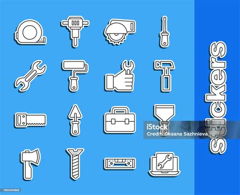 세트 라인 노트북 서비스 퍼티 나이프 해머 전기 원형 톱 페인트 롤러 브러시 렌치 스패너 룰렛 구조 및 아이콘 벡터 갈고리 발톱에 대한 스톡 벡터 아트 및 기타 이미지