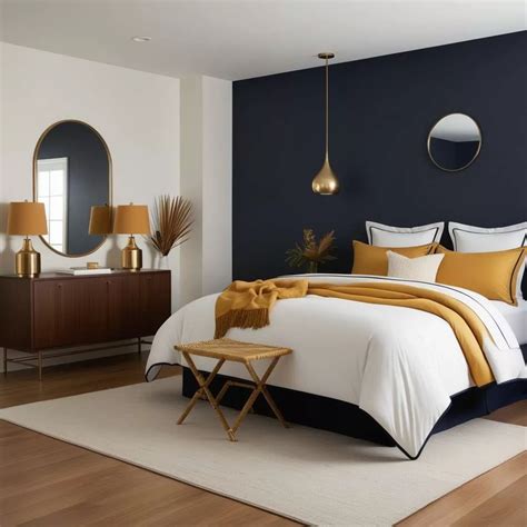 دکوراسیون اتاق خواب سورمه ای سفید و طلایی جدید با چیدمانی مدرن