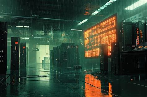 Wet Server Room With Orange Digital Display Premium Ai Generated Image