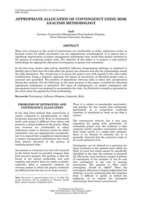 Pdf Appropriate Allocation Of Contingency Using Risk Analysis Methodology