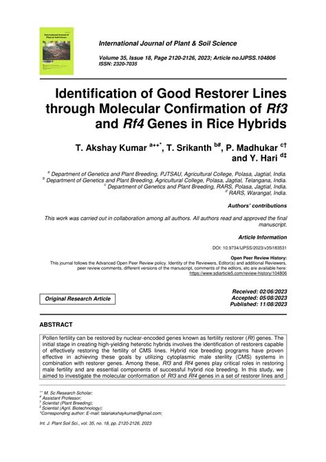 Pdf Identification Of Good Restorer Lines Through Molecular Confirmation Of Rf3 And Rf4 Genes