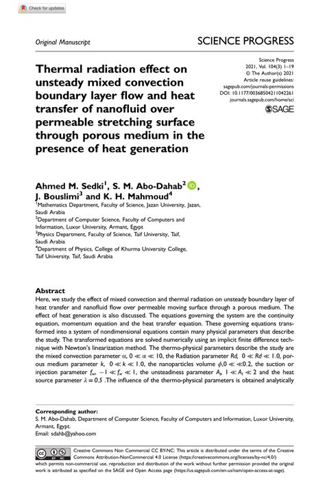 Pdf Thermal Radiation Effect On Unsteady Mixed Convection Boundary Layer Flow And Heat