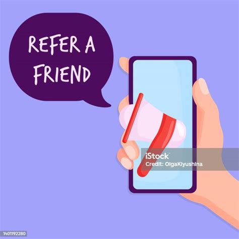 확성기로 친구 마케팅 디자인 배지를 참조하십시오 광고 개념 흰색 배경에 고립된 벡터 일러스트레이션입니다 벡터 일러스트 레이 션 개념에 대한 스톡 벡터 아트 및 기타 이미지