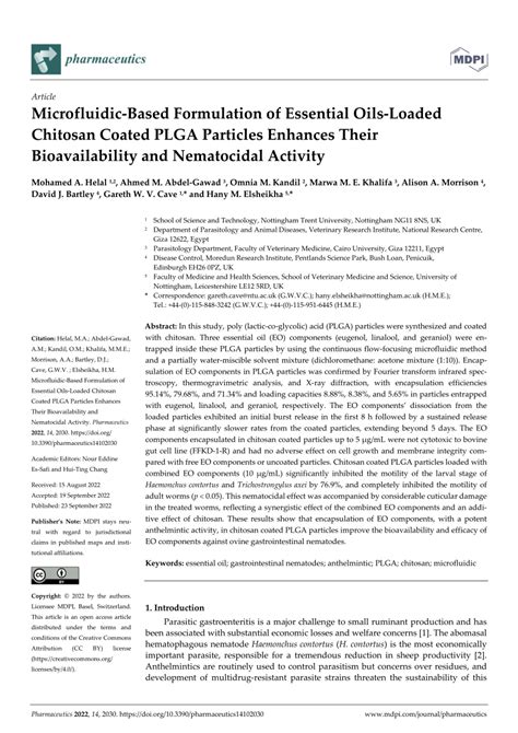 Pdf Microfluidic Based Formulation Of Essential Oils Loaded Chitosan Coated Plga Particles