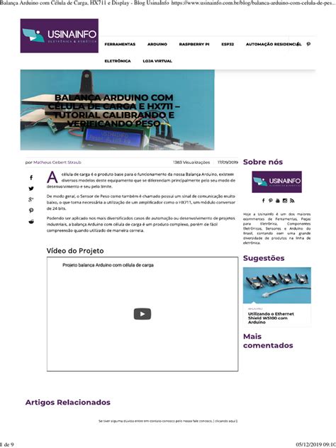 Balanþa Arduino Com CÚlula De Carga Hx711 E Display Blog Usinainfo Pdf