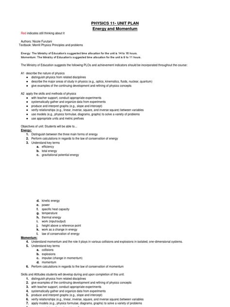 Physics 11 Energy Unit Plan Pdf Momentum Forms Of Energy